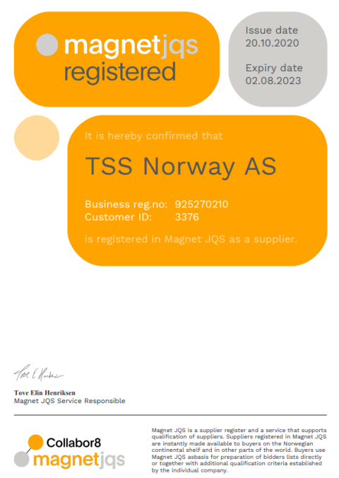 Quality & Certification >> Certificates - TSS Norway